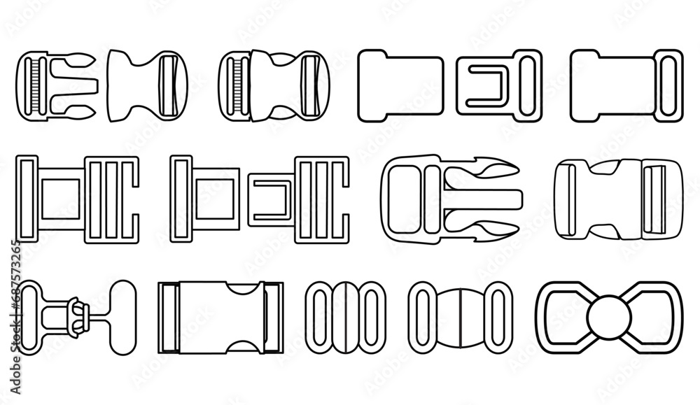 Quick Release buckles flat sketch vector illustration, set of bag ...