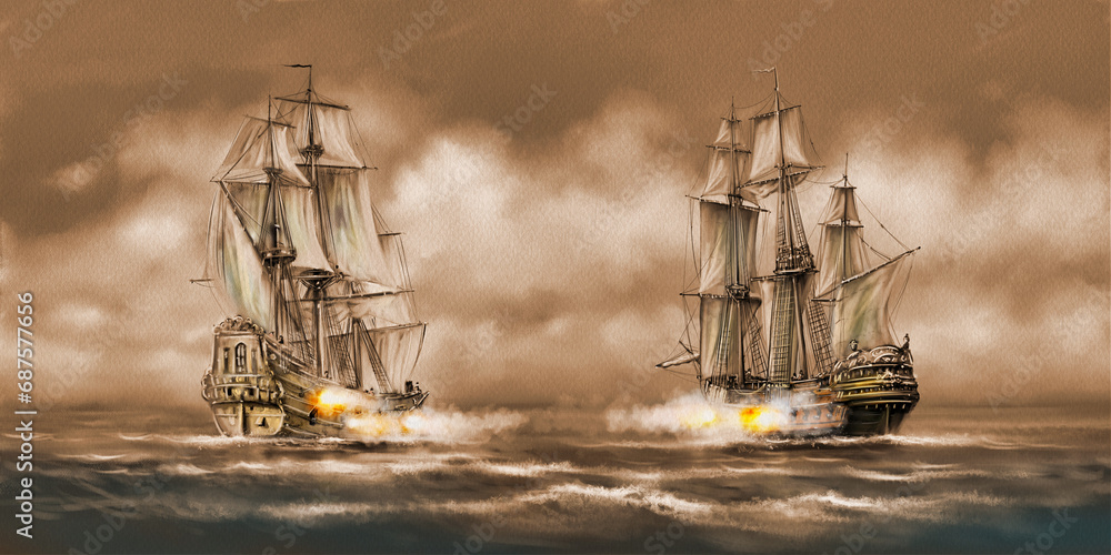 Sea paintings landscape. Old sailing ships. Naval ships fighting, tall ...