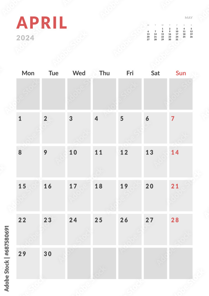 Monthly page Calendar Planner Templates of April 2024. Vector layout of ...