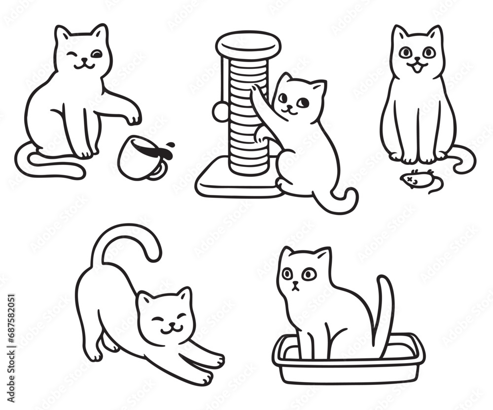 Cat life doodle set. Cute cartoon kitty playing, scratching, using ...