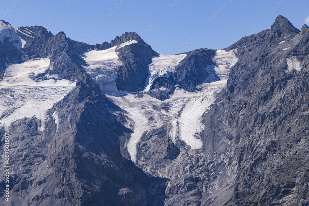 panoramic view to Ortles Mountain range from Furkelhuette, Trafoi ...