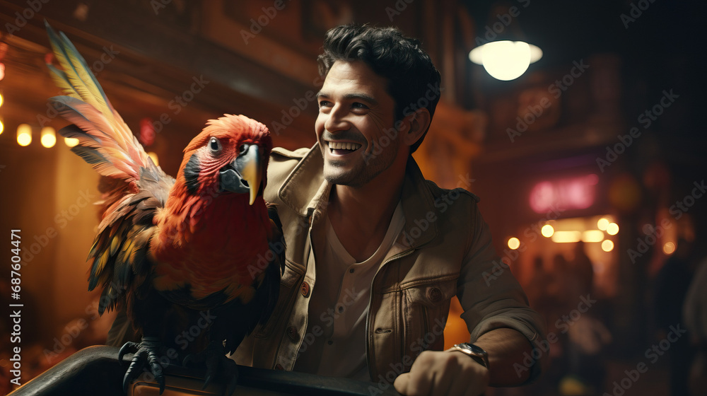 Man with red parrot, happy and talking. Concept of joyful companionship ...