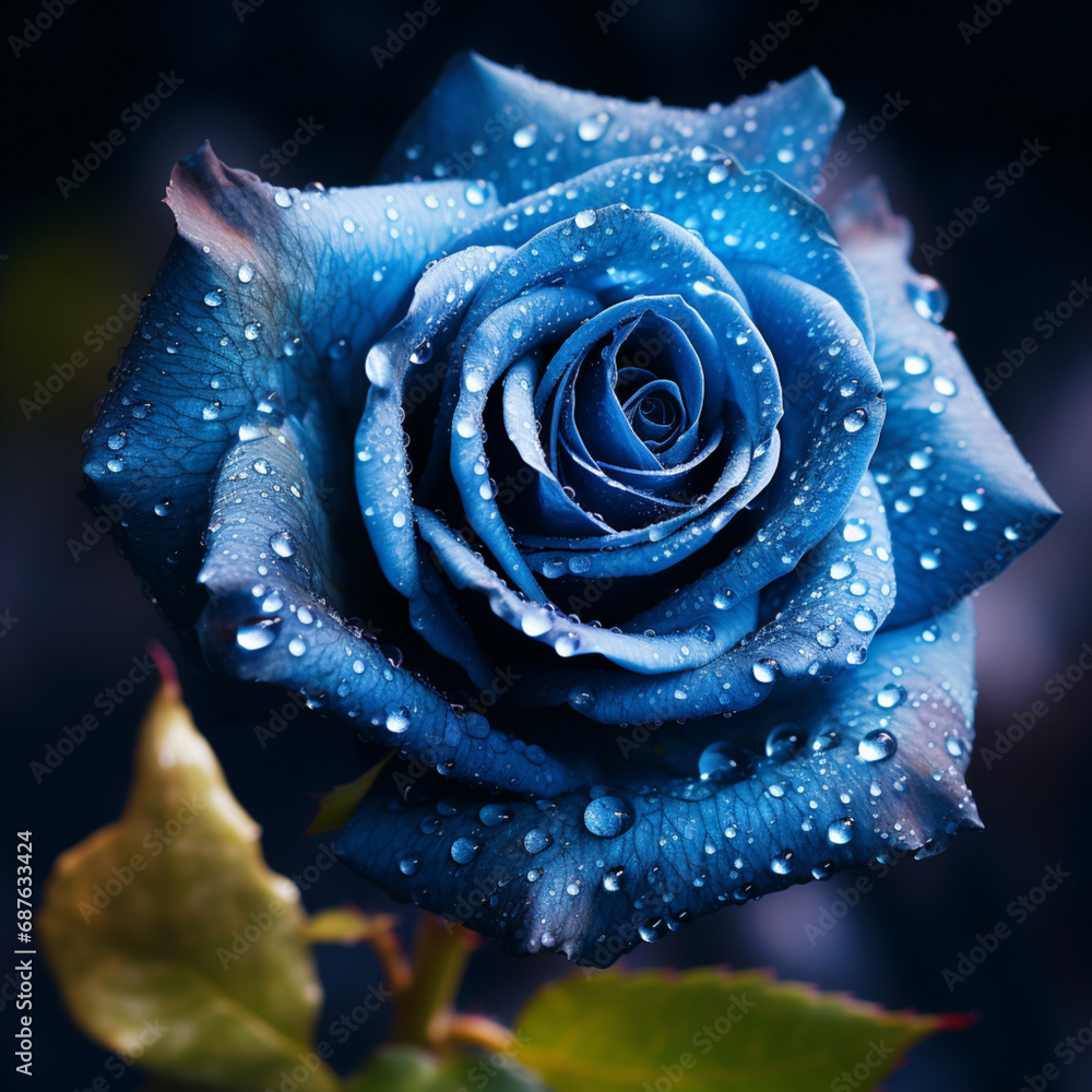 Fotografia con detalle y textura de rosa de color azul con gotas de ...