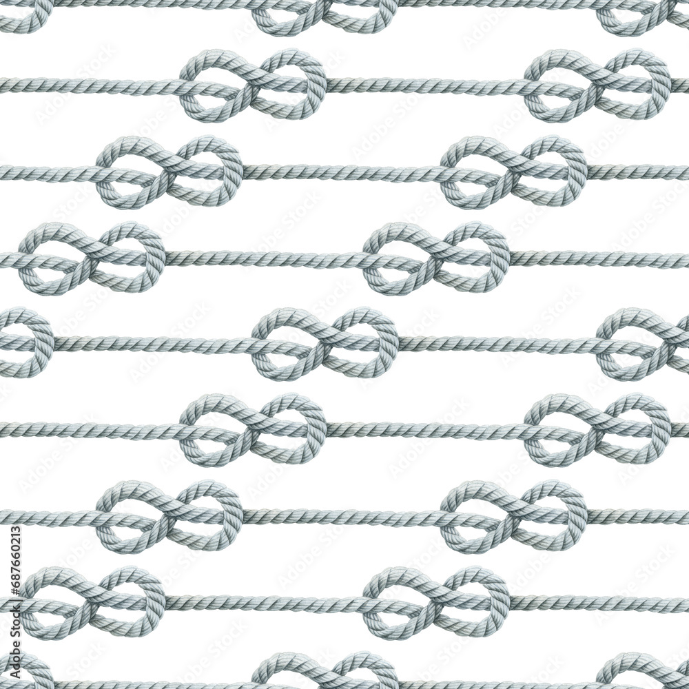 Seamless pattern of white watercolor knotted ropes realistic cords ...
