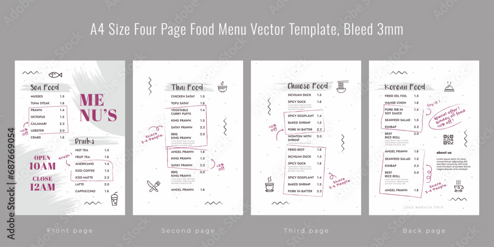 Restaurant cafe menu, template design, A4 size four page food menu ...