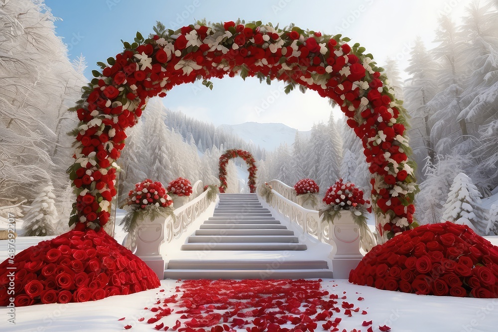 wedding backdrop with christmas themed, heavy snow on the winding stair ...