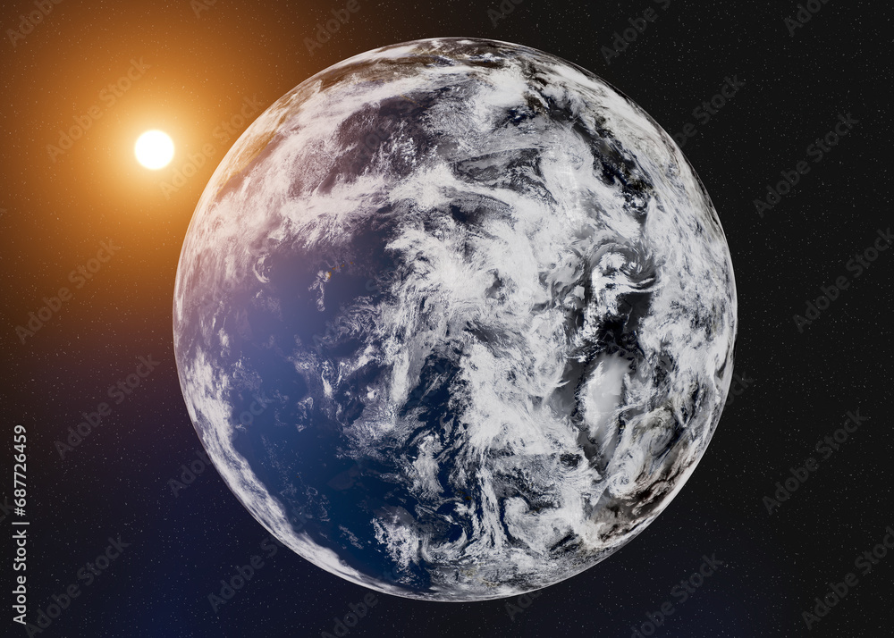 Planet Earth in outer space with lens flare of sun. Science fiction 3D ...