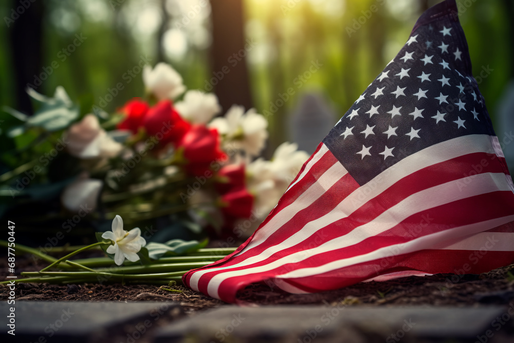Foto de Stock The American flag placed on the grave of a fallen soldier ...