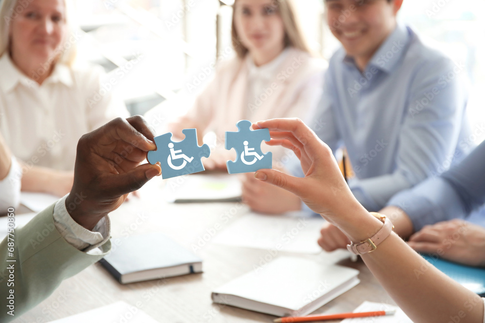 Inclusive workplace culture. People joining puzzle pieces with ...