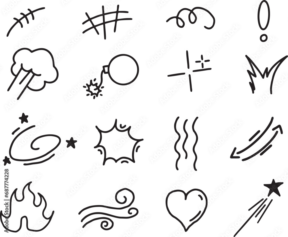 Vector set of doodle hand drawn cartoon expression signs, bomb, fire ...