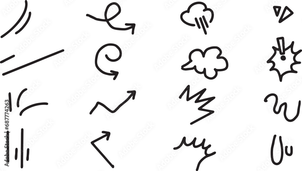 Vector set of doodle hand drawn cartoon expression signs, curve ...