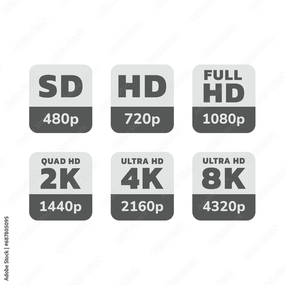 Full and ultra HD screen resolutions label sticker set. 4K, 8K and ...