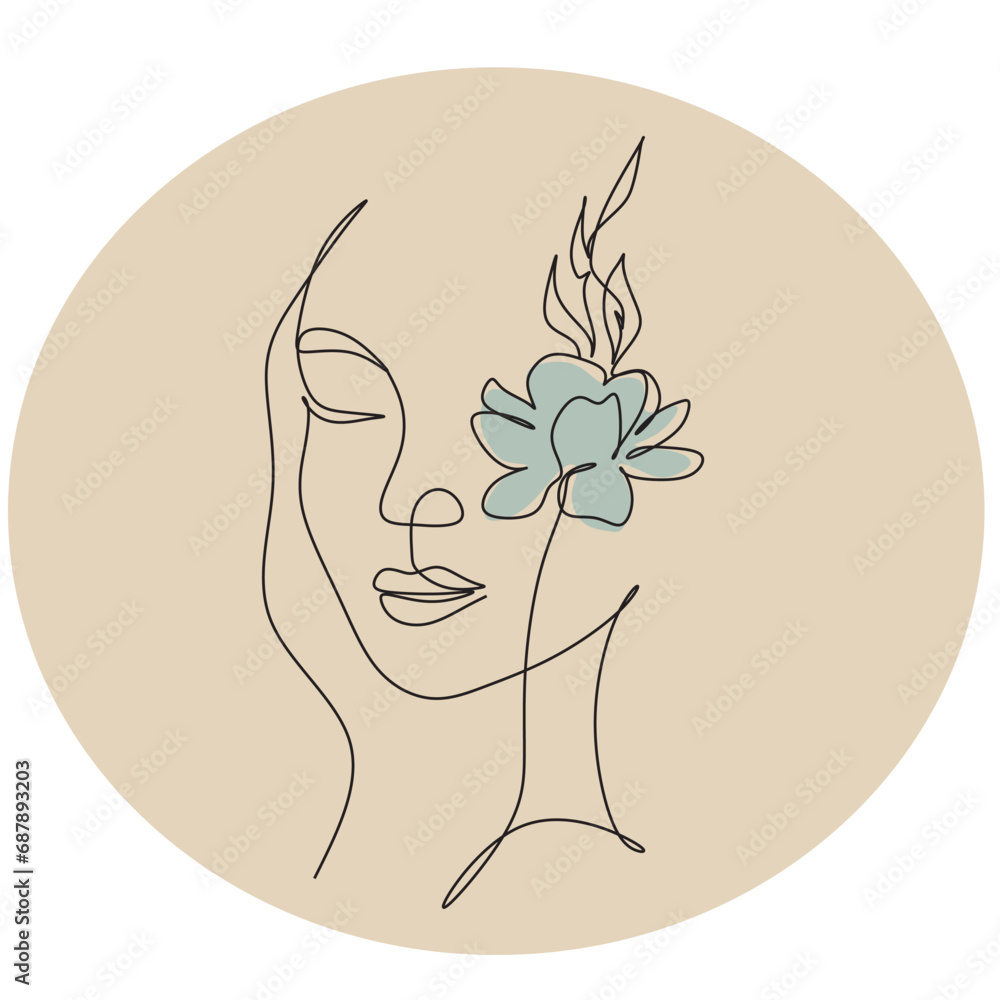 Abstract face with flowers by one line drawing. Vector art. Stock ...