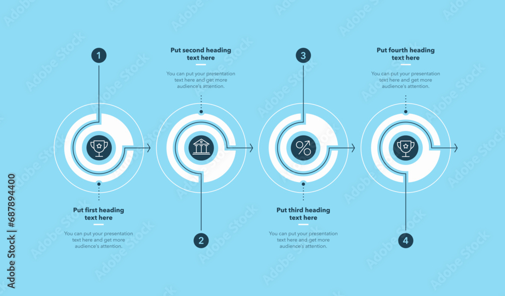 Horizontal process infographic template with four stages - blue version ...