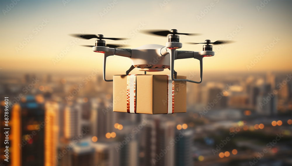 Drone delivery flying with package in the city. UAV drone delivery ...
