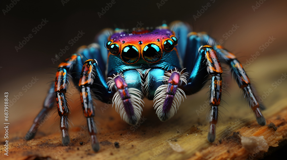 Photo of a vibrant peacock spider perched on a textured rock created ...