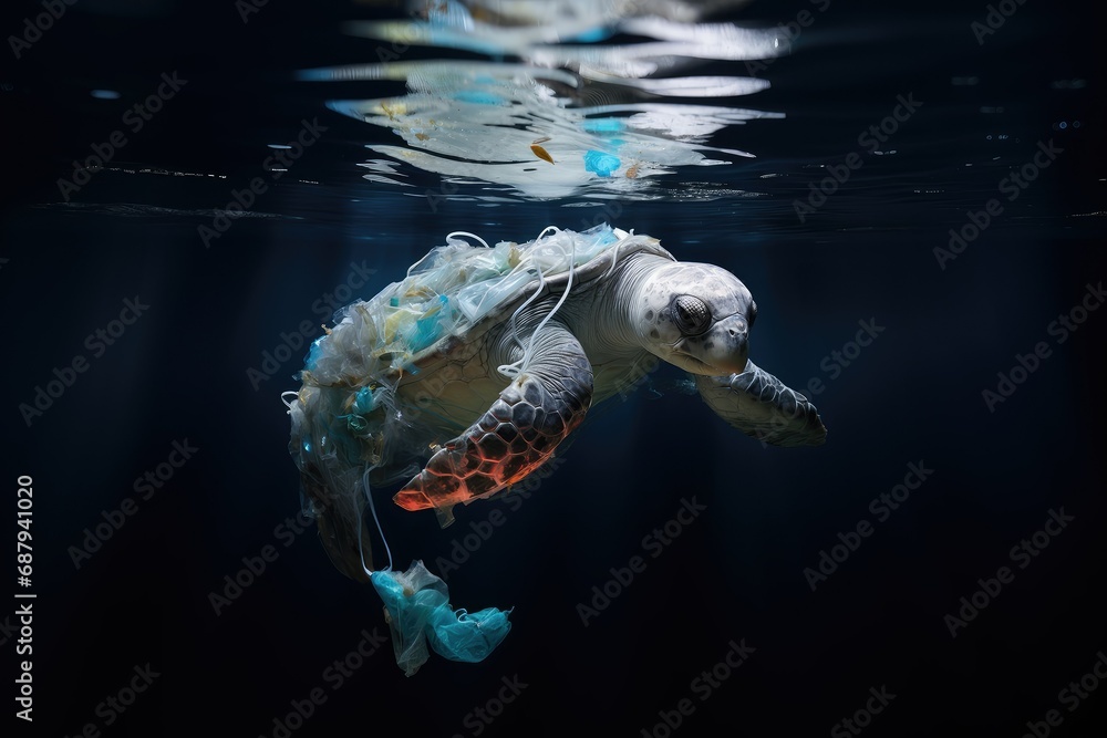 sea turtle with plastic waste, Plastic pollution concept, Portray the ...