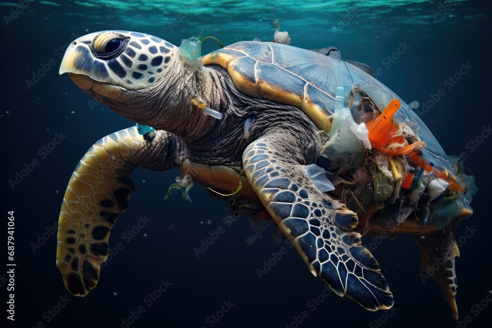 Turtle with shell of plastic and garbage, Plastic pollution concept ...