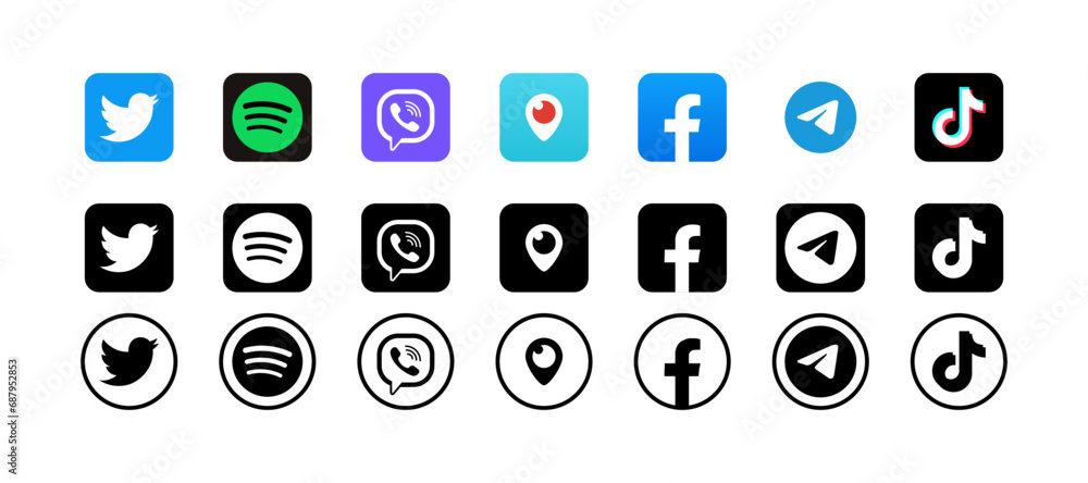 Social media icons. Twitter X, Spotify, Viber, Periscope, Facebook ...