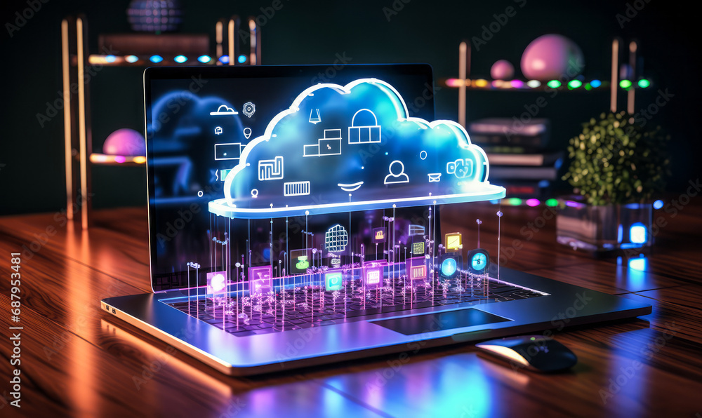 Neon Glowing Cloud Computing Concept with Cloud Icon and Technology ...