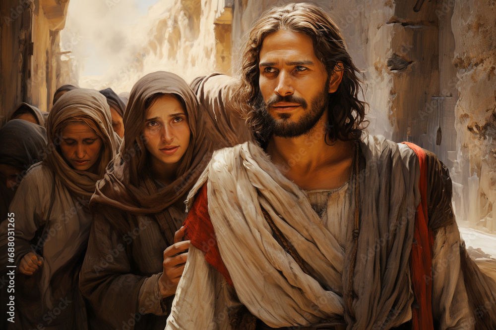 Jesus Christ in the streets of Jerusalem, crowd of believers follow him ...