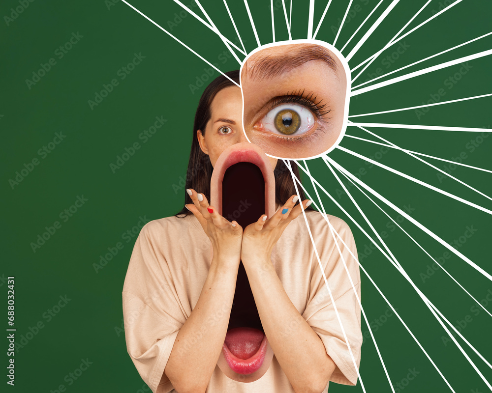 Poster. Contemporary art collage. Shocked woman widely open mouth and ...