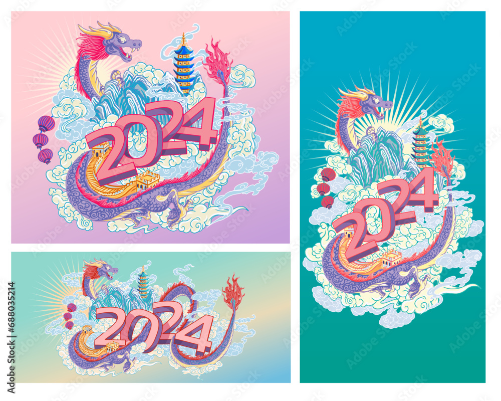 set of 2024 Chinese New Year banners, Year of the Dragon, poster design ...