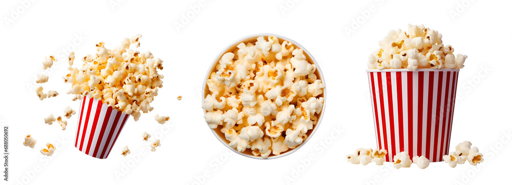 Popcorn bucket set in top and side view with flying popcorn, Isolated ...