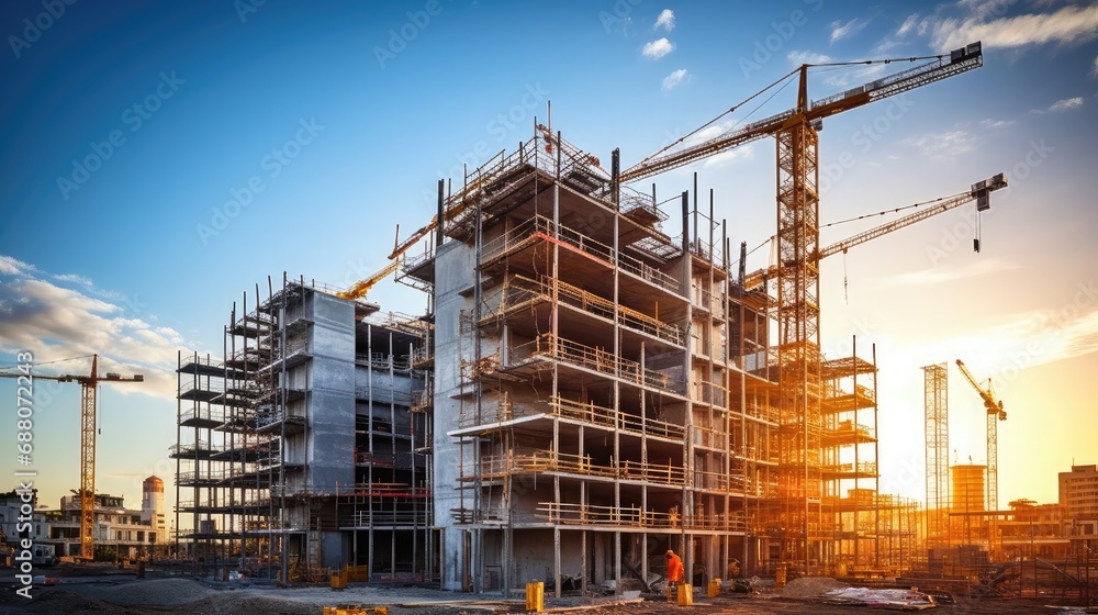Building under construction, construction site, scaffolding, cranes ...