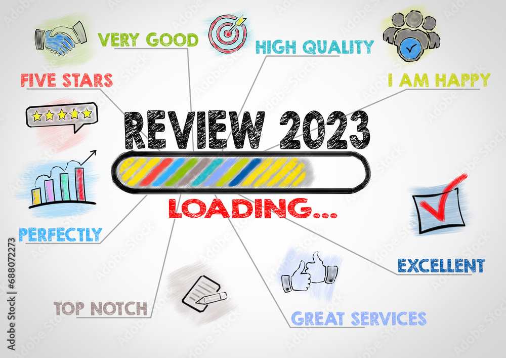 Review 2023 Concept. Chart with keywords and icons on gray background ...