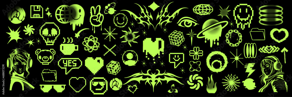 Y2k graphic icon retro set, space futuristic logo kit, brutalist acid ...