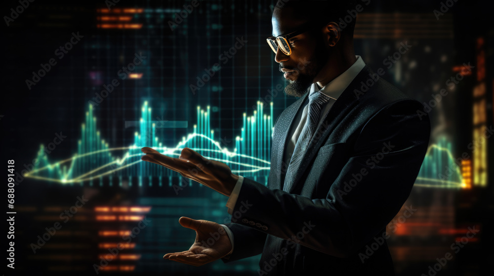 Person in a business suit pointing at a futuristic digital stock market ...