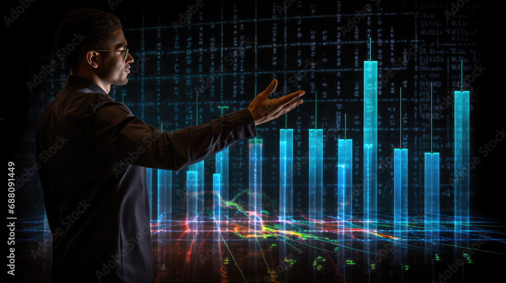 Person in a business suit pointing at a futuristic digital stock market ...