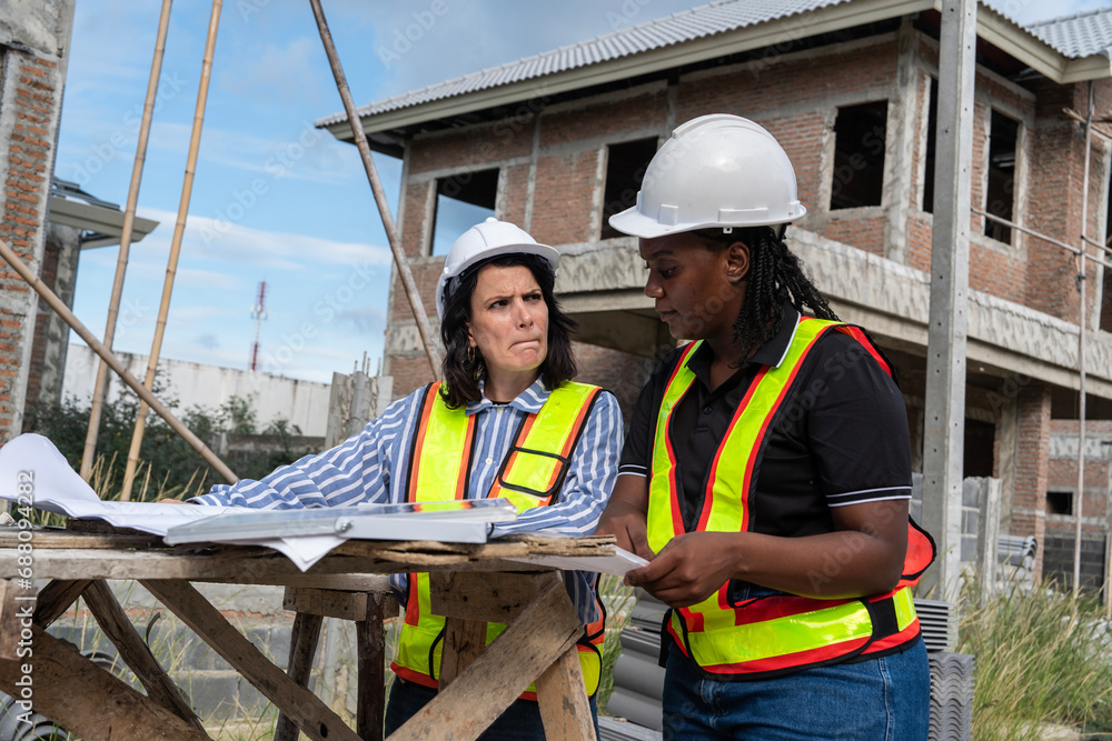 Construction work Concept.female architect, inspecting work with ...