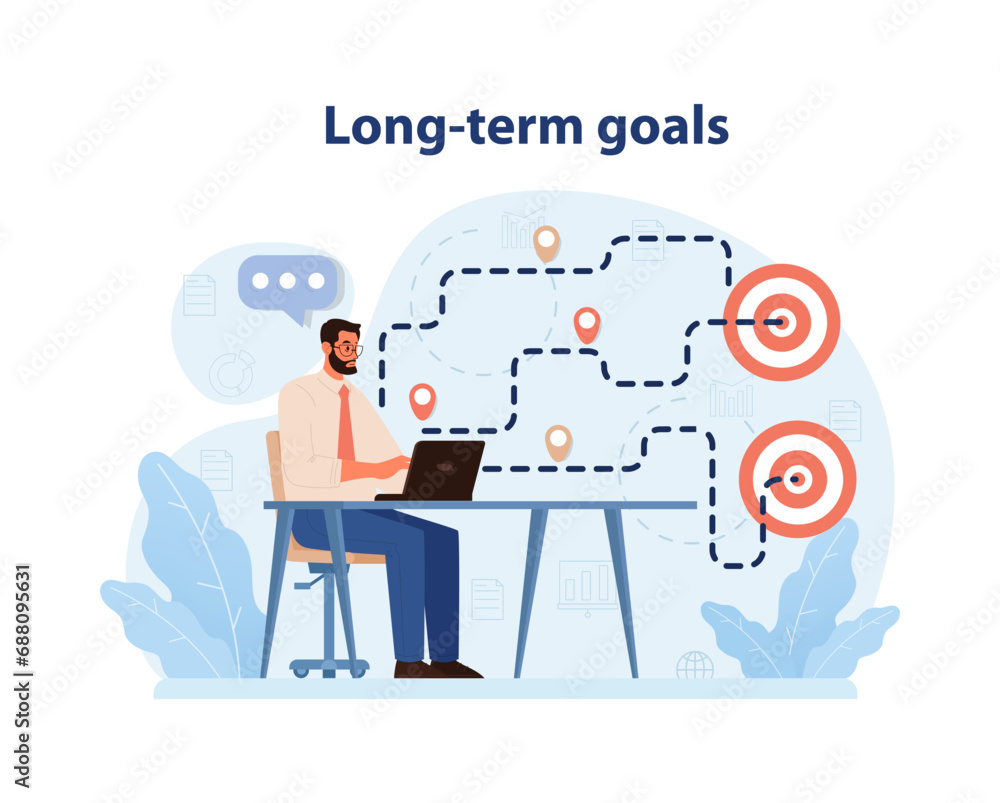 Long-term Goals concept. Man at desk visualizing future targets with ...