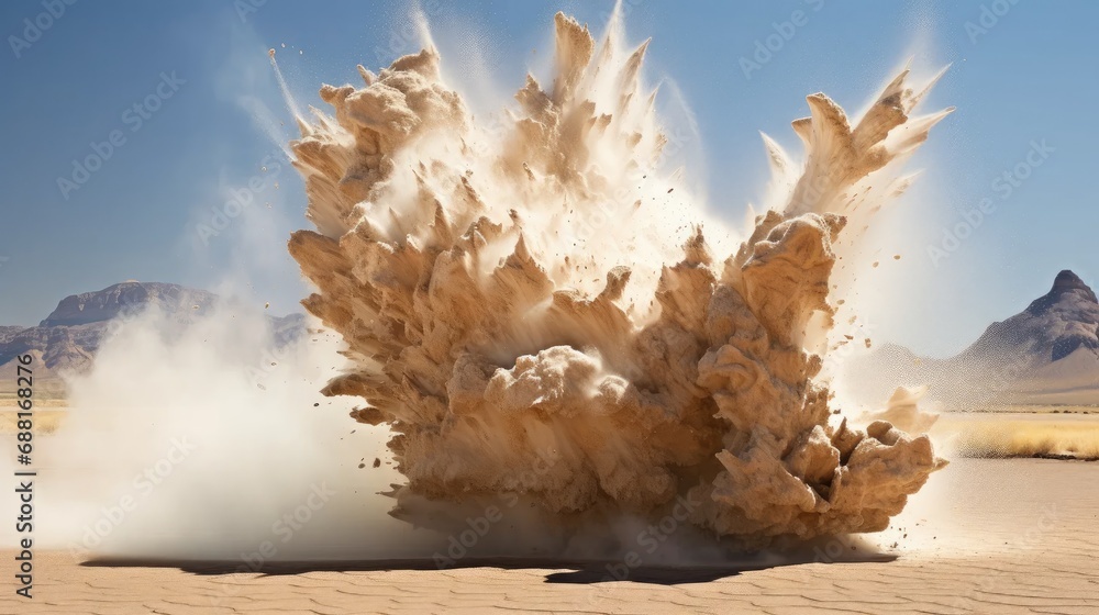 explosive release of dry river sand on a clean white canvas, portraying ...