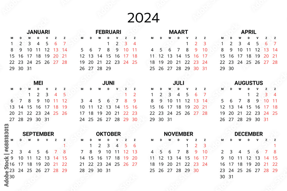 2024 dutch calendar. Printable vector illustration for Dutch. 12 months ...