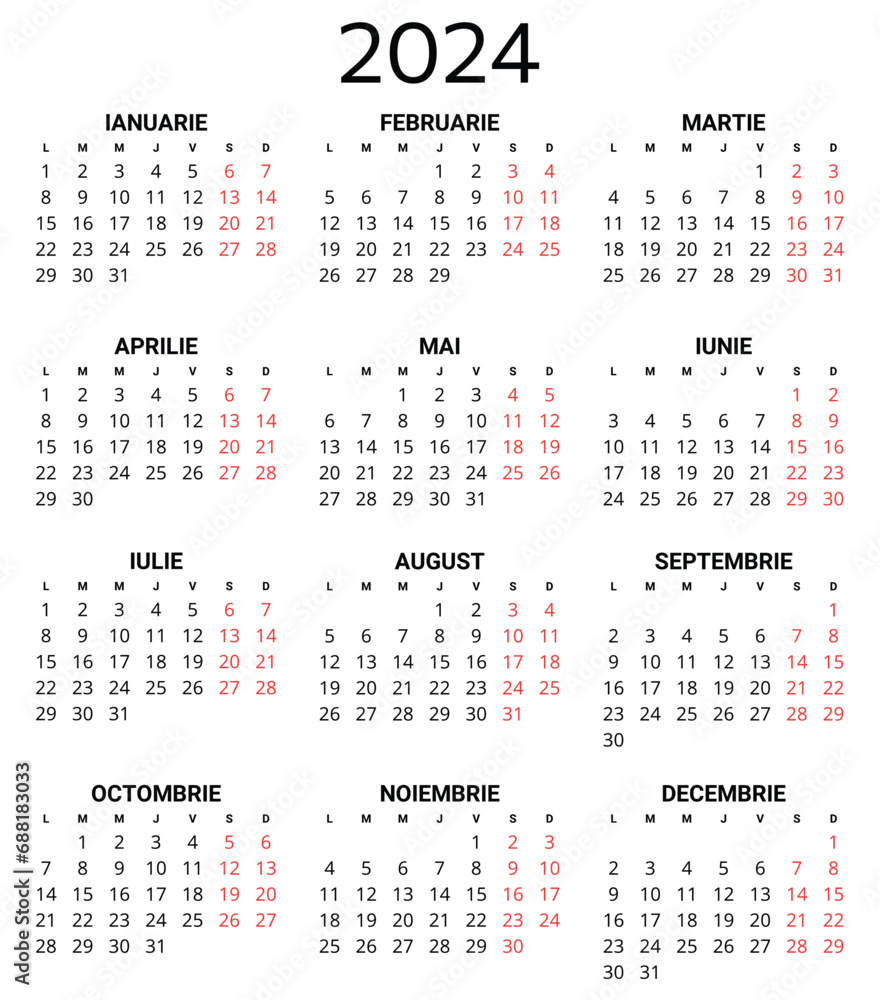 2024 romanian calendar. Printable, editable vector illustration for ...