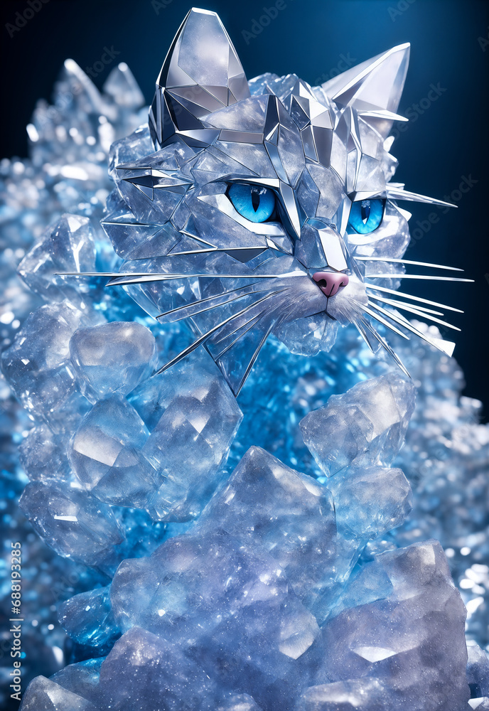 Cat made of blue crystal glass transparent cubes.Blue eyes.Statuette ...