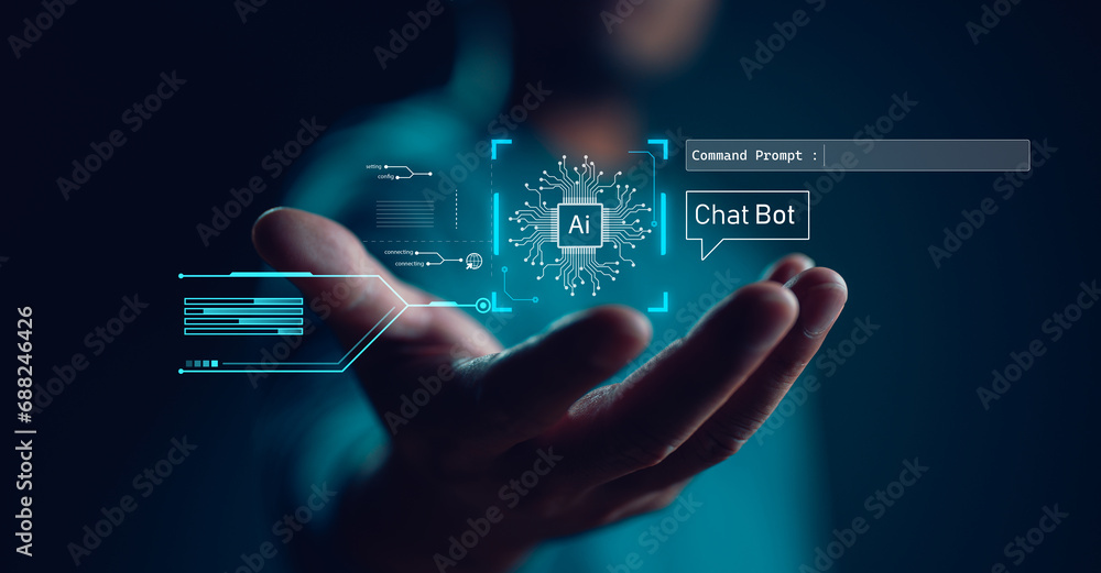 Foto de Stock Ai tech, businessman show virtual graphic Global Internet connect Chat with AI ...