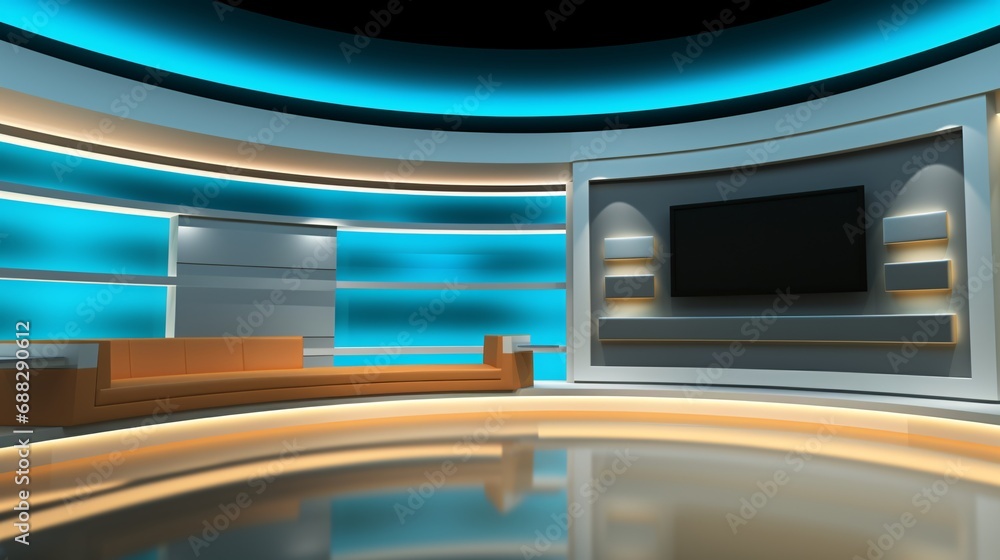 Tv Studio. Blue and yellow studio. Backdrop for TV shows .TV on wall ...