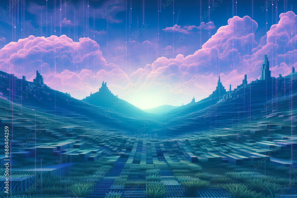 Retro vintage 1990s style computer graphics landscape with dripping ...