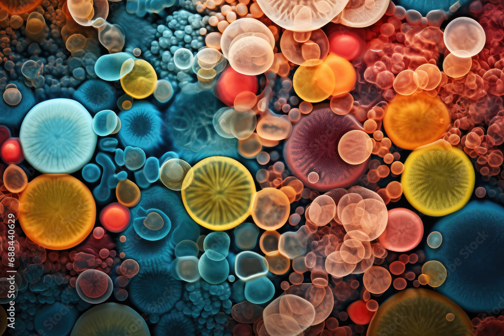 Virus or Bacteria microbial particles background, magnified under ...