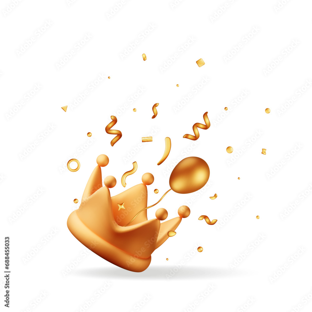 3D Gold Crown Icon and Confetti. Render Golden Confetti Around Crown ...