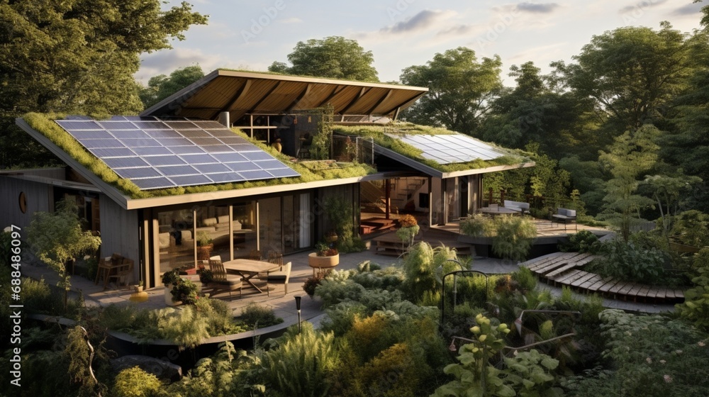 An eco-friendly green home with solar panels, rainwater harvesting systems, and a living roof ...