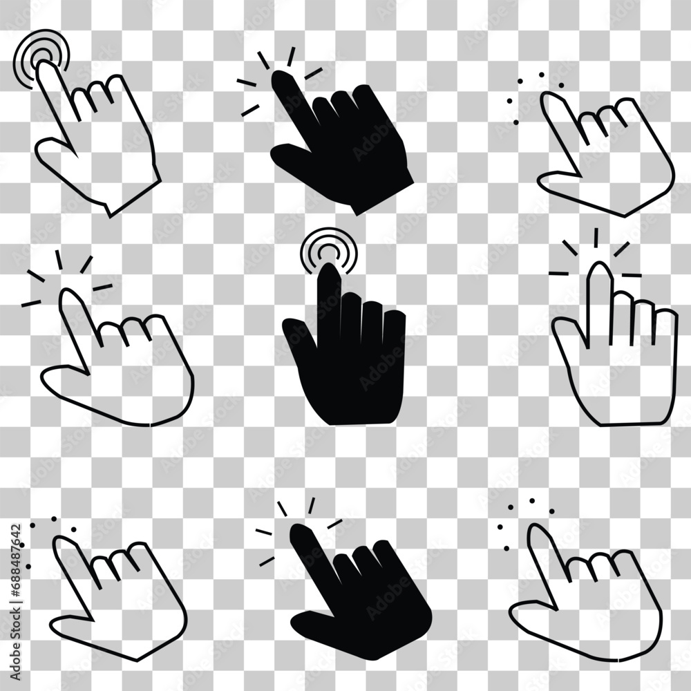 Computer mouse click cursor gray arrow icons set and loading icons. Cursor icon. Hand clicking ...