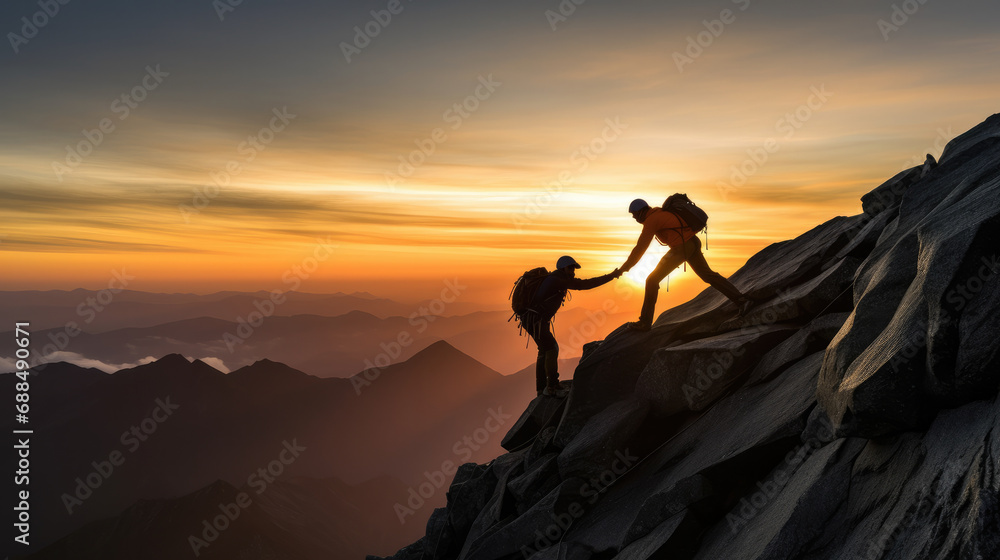 Silhouette photo of mountain climber helping his friend to reach the ...