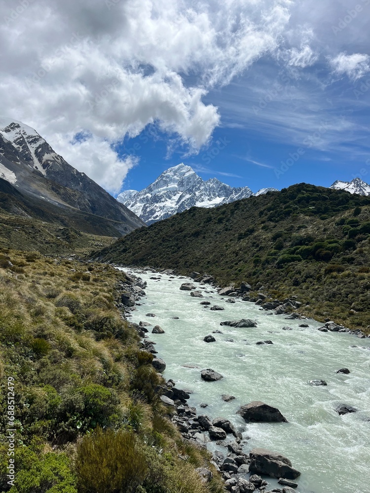 Hooker Valley track (Aoraki / Mount Cook National Park in New Zealand ...