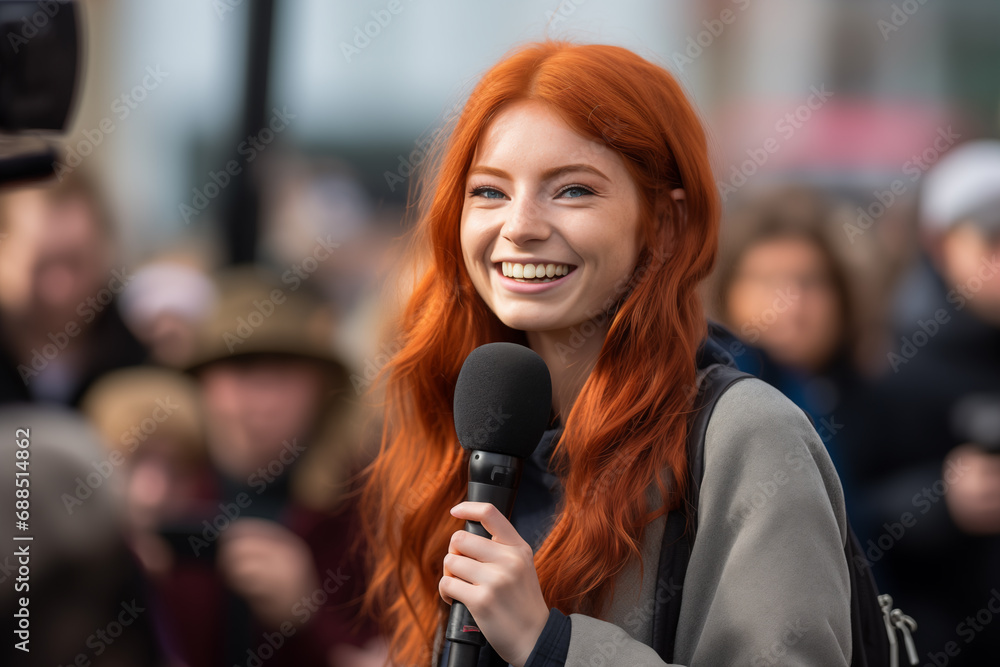 Young pretty redhead woman at outdoors as a reporter holding a ...