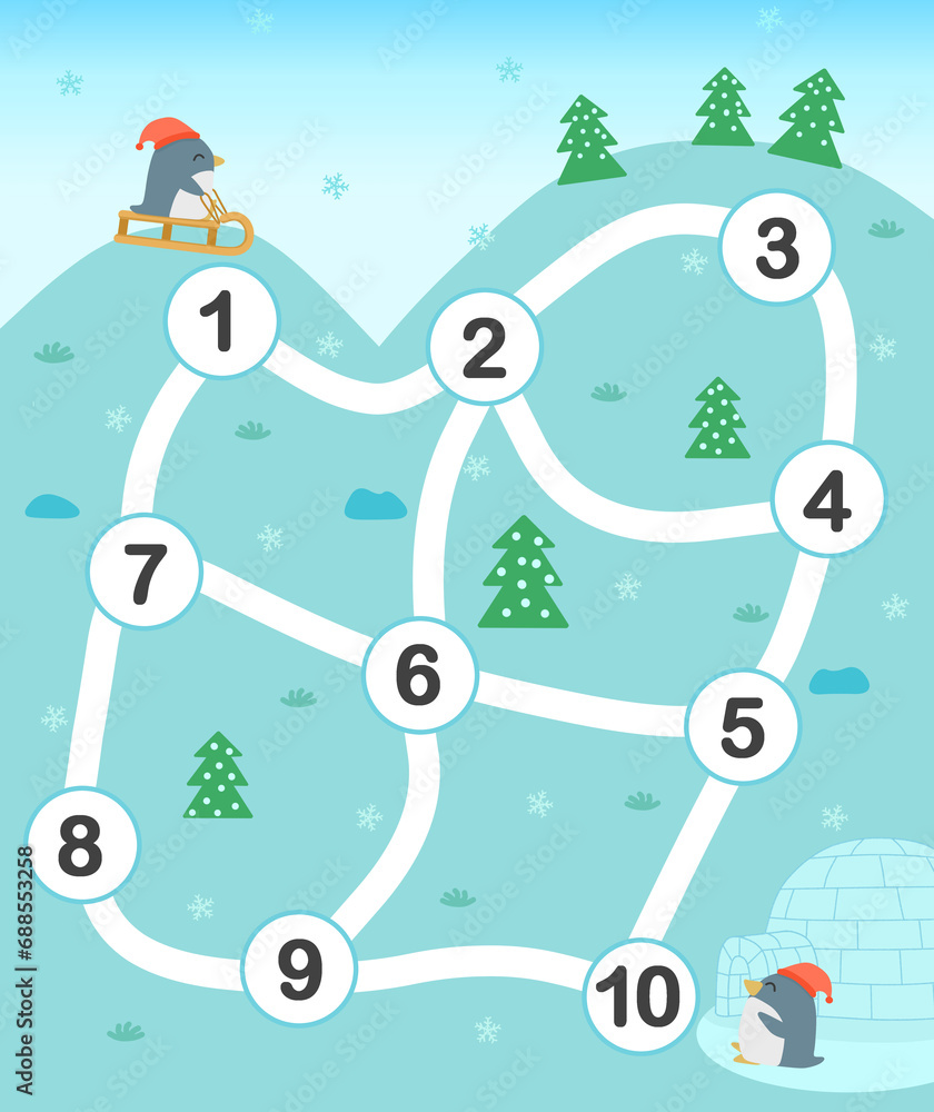 Number maze game for kindergarten and preschool with cute penguin ...
